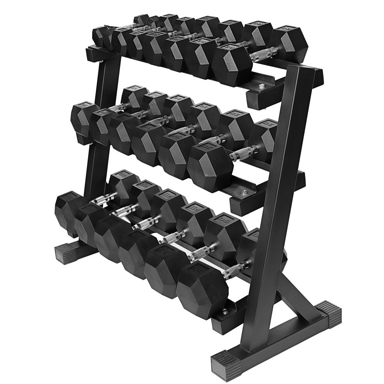 5 - 50lbs Virgin Rubber Dumbbell Set with Commercial 3-Tier Dumbbell R ...